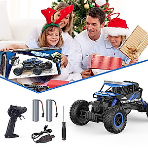 NQD 4WD Remote Control Truck - 1:16 Big Monster Stunt Car All Terrain Off-Road Hobby RC Truck 2.4Ghz with LED Headlight Rock Crawler Rechargeable Electric Toy for Boys & Girls Gifts（Blue）