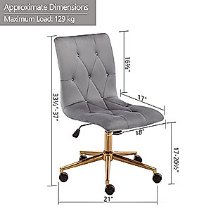 Duhome Armless Home Office Chair, Velvet Tufted Computer Rolling Desk Chair with Back,Adjustable Vanity Chair with Wheels,Grey
