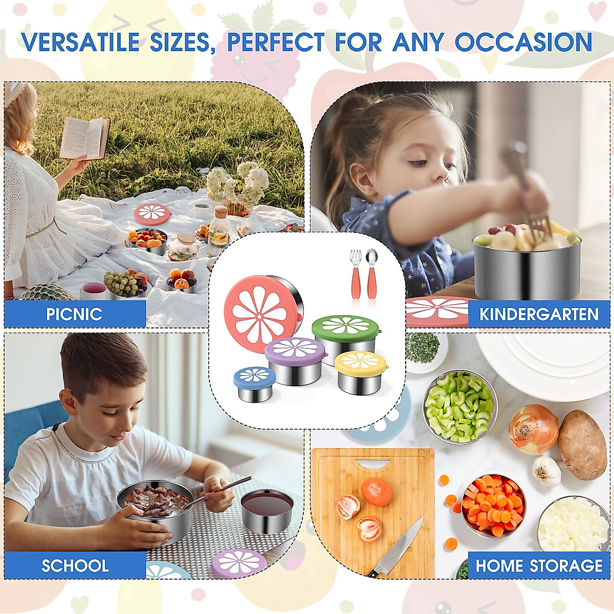 Hippywell Stainless Steel Food Containers with Silicone Lids, Leakproof Metal Lunch Box Set for Kids, Snack Boxes for Travel, 5Pcs Stainless Steel Containers, 1.7OZ up 23OZ