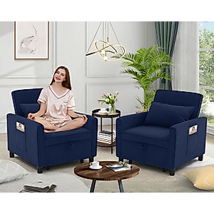 SEJOV Sleeper Chair, 4-in-1 Convertible Sleeper Sofa Bed with Adjustable Backrest, Corduroy Pull Out Chair Bed Single Recliner for Living Room, Bedroom, Apartment, Office, Small Space, Navy Blue