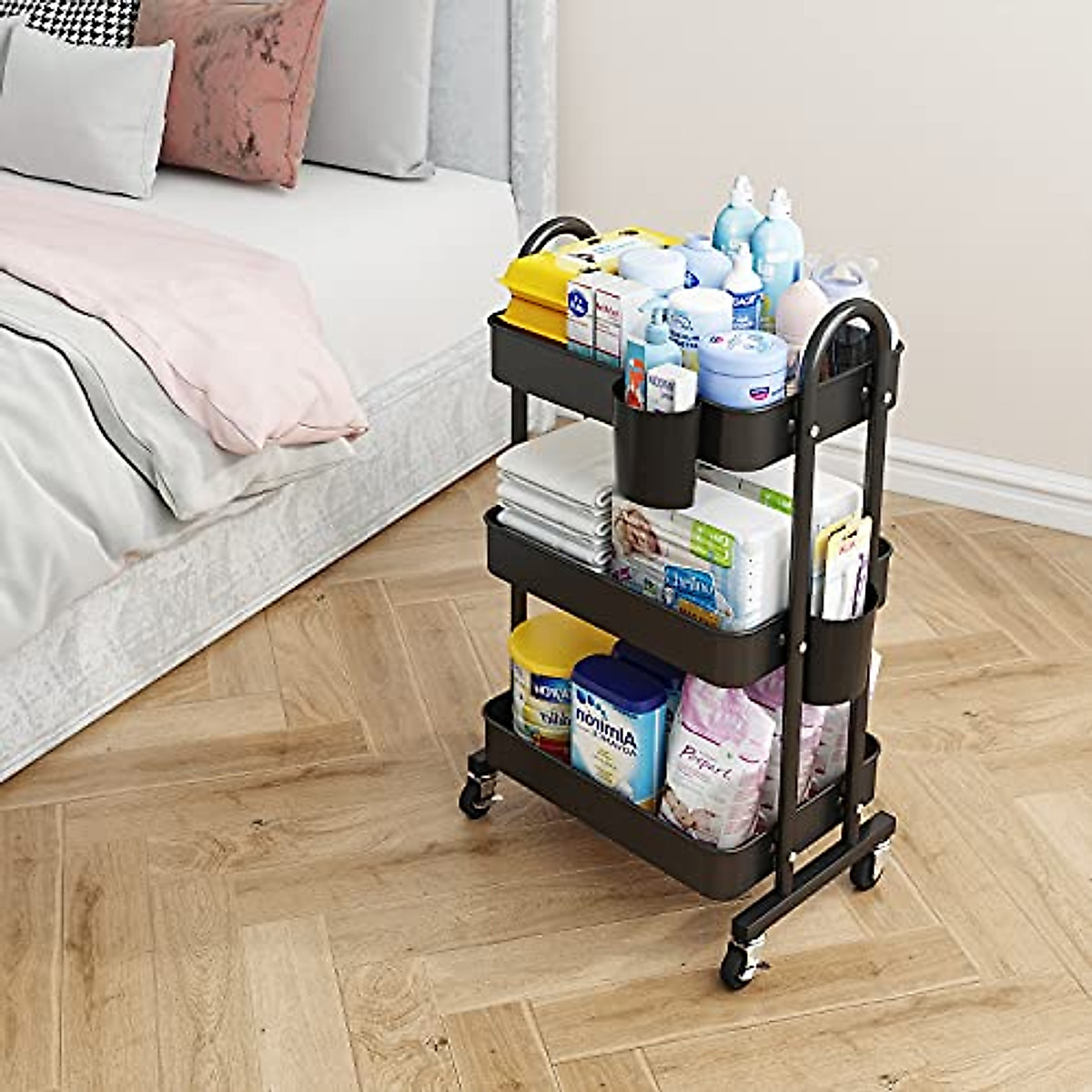 LEGUANG 3-Tier Rolling Utility Cart Storage Shelves Multifunction Storage Trolley Service Cart with Mesh Basket Handles and Wheels Easy Assembly for Bathroom, Kitchen, Office (Black)