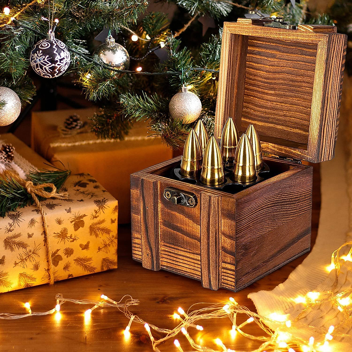 Chouggo Bullet Whiskey Stones with Vintage Wooden Case, Stainless Steel Ice Cubes, Whiskey Gift Set for Men, Dad, Husband, Boyfriend