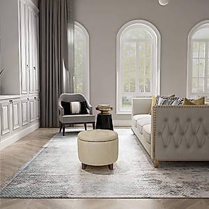 DECO DE VILLE Round Footstool Storage Ottoman, Cushion Button Tufted Linen Fabric Ottoman with Removable Lid, 20", Beige