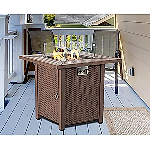 HOMPUS Outdoor Propane Fire Pit Table 28-inch 40,000 BTU Imitation Wicker Square Glass Top Fire Table w Wind Guard,Lava Rocks,Rain Cover Gas Smokeless Fire Pit for Outside Patio,Garden,Deck,Backyard
