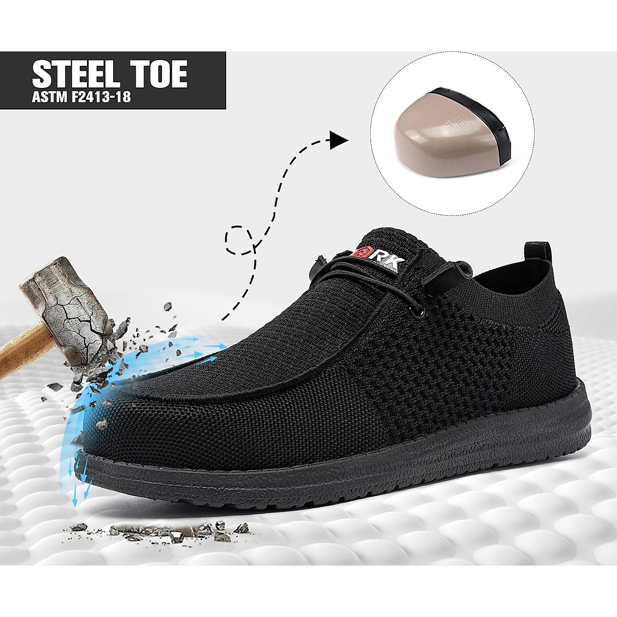 LARNMERN Slip On Steel Toe Shoes Men Lightweight Comfortable Lounging Walking Sneakers Safety Work Steel Toe Loafers(8 Men, Black)