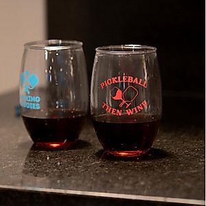 Needzo Dinking Buddies and Pickleball Then Wine Unbreakable Plastic Stemless Glasses, Reusable Shatterproof Cups, 16 Ounces Each (Pack 2)