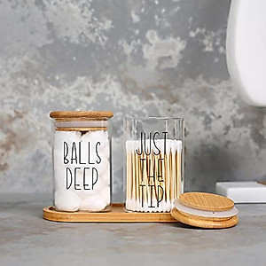MOMEEMO Funny Qtip Holder and Cotton Ball Holder Set for Bathroom Organization. Apothecary Jars with Bamboo Tray are Great for Farmhouse Bathroom Decor, Rustic Bathroom Decor. (Glass&Tray)