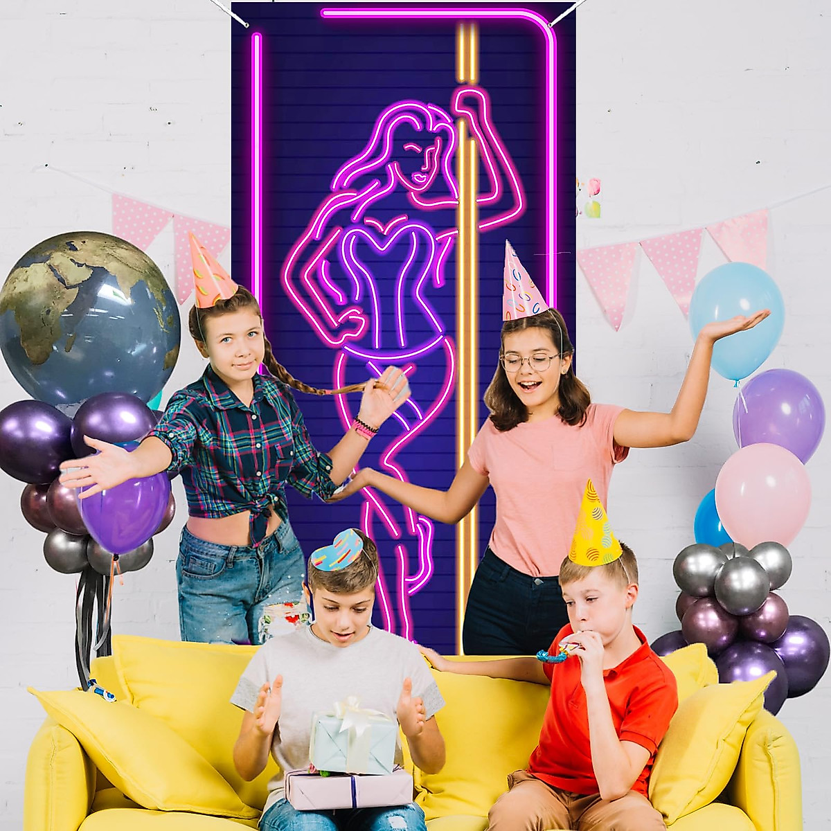 Neon Pole Dance Hot Sexy Girl Banner Pole Dancing Theme Backdrop Decor for Bachelorette Bridal Shower Birthday Party Decorations Chair Dancing Party P Valley Party Supplies Favors Photo Booth Props