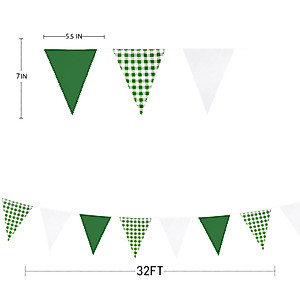 32Ft Green Party Decorations Green Buffalo Plaid Checkered White Triangle Flag Gingham Pennant Bunting Fabric Garland for Wedding Birthday Picnic BBQ Outdoor Golf Party Dinosaur Arbor Day Decorations