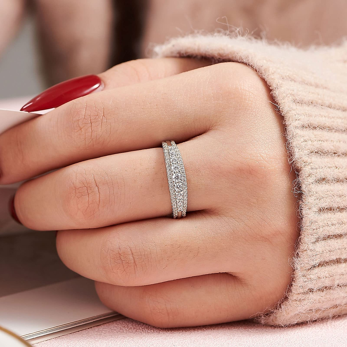 Wuziwen Anniversary Ring for Women Wedding Bands for Her 925 Sterling Silver Rings Eternity Promise Cubic Zirconia Size 6.5