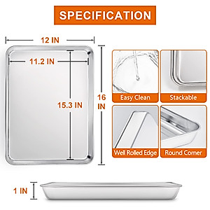 E-far Baking Cookie Sheet Set of 2, 16”x12” Stainless Steel Baking Sheet Pan with 50 Parchment Paper, Rectangle Baking Tray for Cooking Roasting, Rust Free & Heavy Duty, Oven & Dishwasher Safe