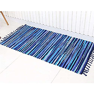 SERENITA Chindi Rug Reversible Rag Cotton Hand Woven Throw Area Rugs for Kitchen Bedroom Bathroom Livingroom Washable Stripe Blue 22" x 36"