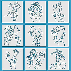 ORIGACH 9PCS 11.8x11.8inch Modern Minimalist Abstract Women Stencil, Floral Female Face Pattern PET Large Stencils Reusable Template for Painting on Wood Wall Canvas