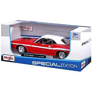 1970 Dodge Challenger R/T Coupe Red with White Top and White Stripes 1/24 Diecast Model Car by Maisto