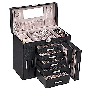 ANWBROAD Huge Jewelry Box Jewelry Organizer Case 6 Tier 40 Hooks Display Storage Holder with Lock Mirror Girls Jewelry Box Earrings Rings Necklaces Bracelets Earrings Gift Faux Leather Black UJJB018B