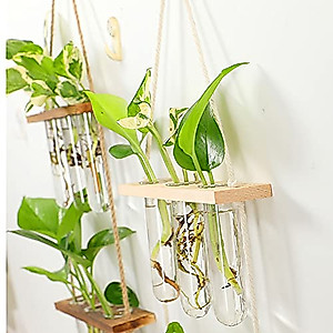 Wall Hanging Planter Terrarium with Wooden Stand, 3 Tiered Mini Test Tube Flower Vases Retro Hanging Glass Planter Propagator for Hydroponic Plants Cutting Home Office Garden Decor- 9 Test Tubes