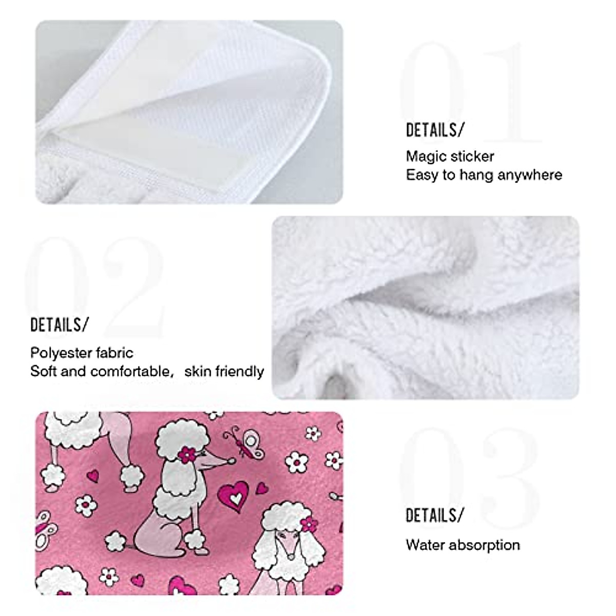 HJJKLLP Pink Poodle Hand Towel Kitchen 2 Pack, Hanging Tie Towels with Loop for Bathroom Absorbent Dish Towel Washcloth