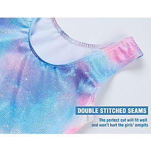Girls Gymnastics Leotards with Shorts for 9-10 Year Old Big Kids Sparkly Blue Tie Dye Print Sleeveless Biketard Unitards