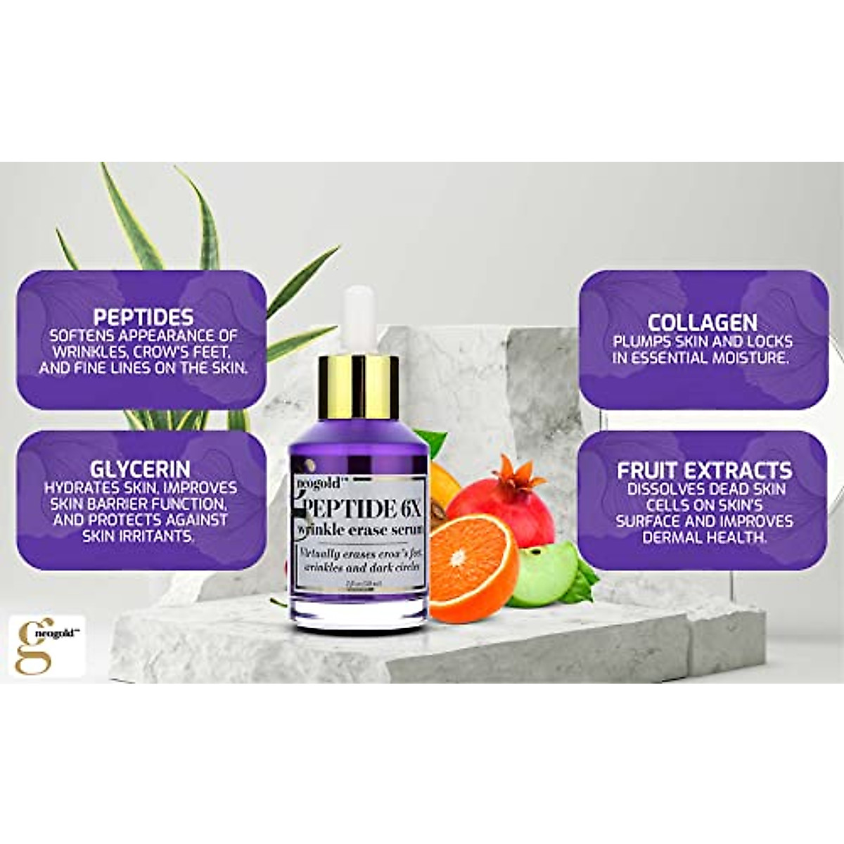 Neogold 6X Anti Aging Peptide Serum Moisturizer Skin Care Facial Oil Booster For Face, Wrinkles, Fine Lines, & Puffiness, Peptide Concentrate W/Collagen Plumps, Lifts, & Evens Skin Tone, 2 Fl Oz