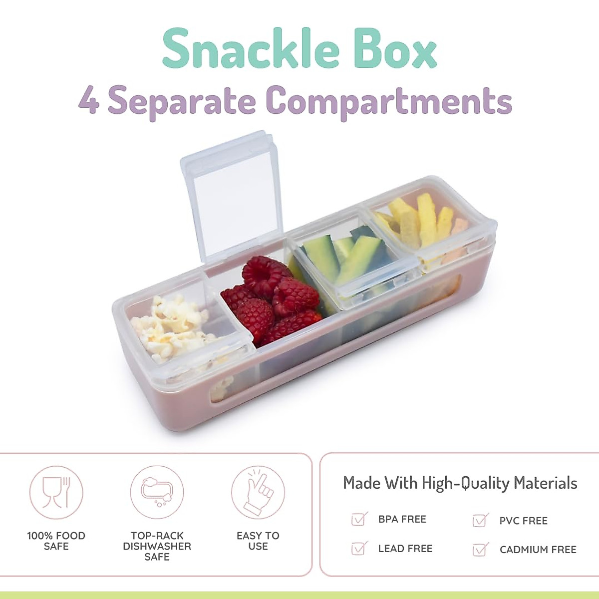 melii Snackle Box – 4 Separate Compartments with Lids, Divided Snack Container, Food Storage for Kids and Adults, Arts & Crafts, Beads, BPA-Free, Pink