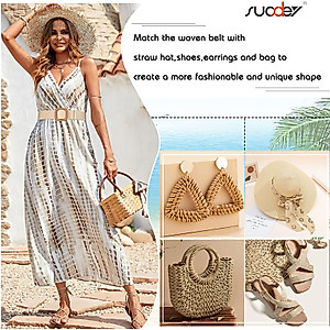 SUOSDEY 2 Pack Straw Woven Elastic Belt Braided Stretch Wide Belt for Women Dress