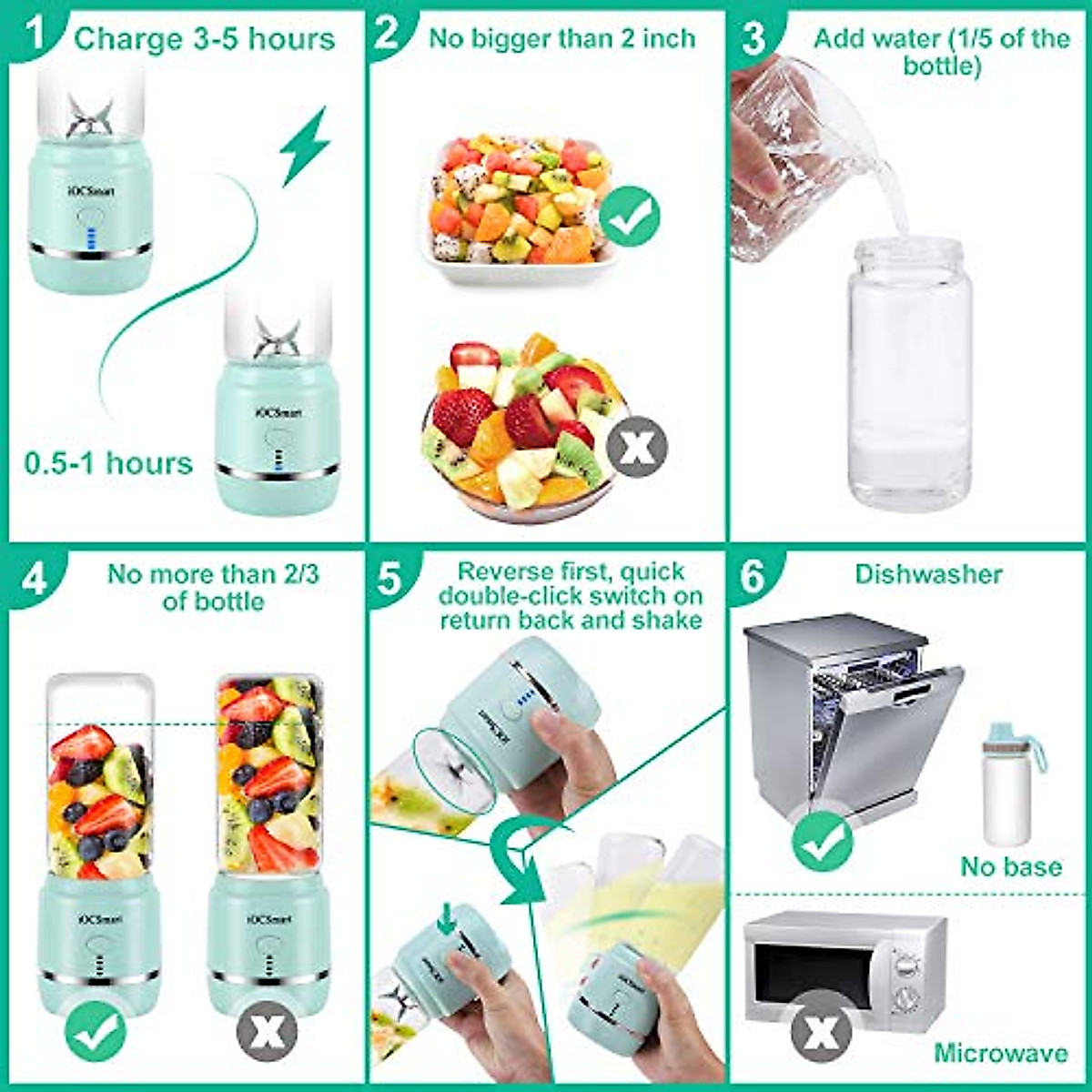 iOCSmart Portable Blender USB Rechargeable, Mini Blender for Shakes and Smoothies, Personal Blender with Silicone Straw 13.5oz Bottle for Travel Sports Kitchen (Pink)