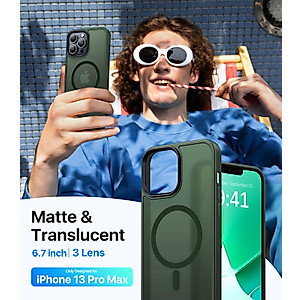 Maozis Strong Magnetic for iPhone 13 Pro Max Case [Compatible with Magsafe][Military Grade Drop Protection] Protective Shockproof Translucent Matte Slim Phone Case for iPhone 13 Pro Max, Army Green