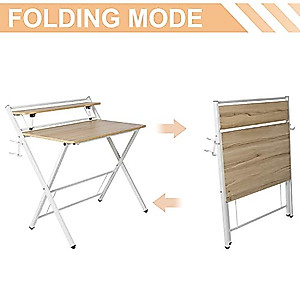 Folding Computer Desk for Small Space, 2 Tier Simple Laptop Writing Table with Shelf, Multipurpose Foldable Study Desk, Kids Desk, No Assembly Needed (Khaki)