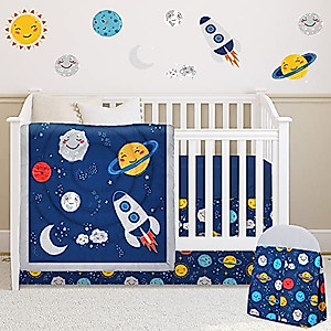Rtteri 4 Pieces Baby Crib Bedding Set, Nursery Bedding Standard Size Soft Baby Bedding Set Including Crib Skirt, Blanket, Crib Sheet and Diaper Stacker for Baby Girls and Boys (Space)