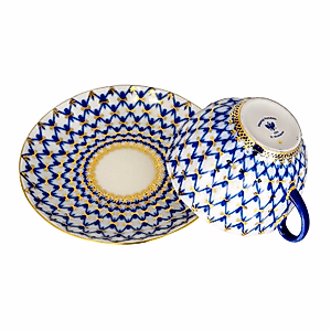 Lomonosov Porcelain Tulip Cobalt Net Tea Cup and Saucer Set 8.45 oz/250 ml