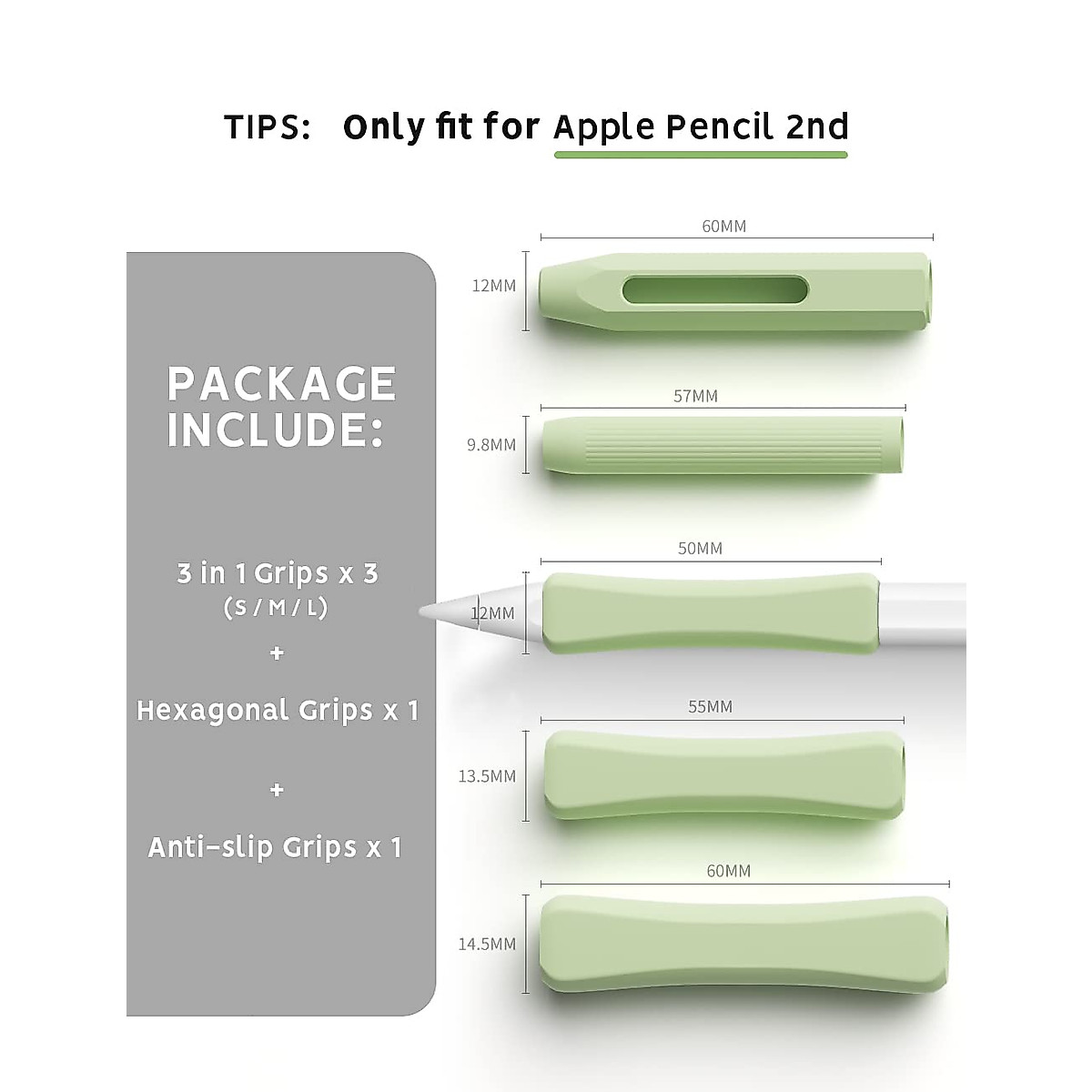 5 Pack Pencil Grips Compatible with Only Apple Pencil 2nd Generation Silicone Ergonomic Design Sleeve Holder(Mint Green)