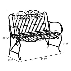 Outsunny Metal Park Bench for Front Porch, Loveseat Like 2 Person, Armrests, Steel Frame, European Antique Style Outdoor Furniture, Black