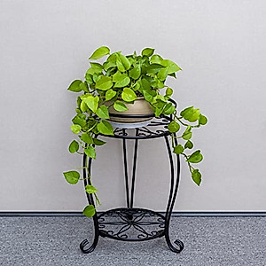 FaithLand Plant Stand, Heavy Duty Metal Planter Holder Indoor Outdoor, 2 Tier Round Potted Supports Rack, Corner Display Shelf Black