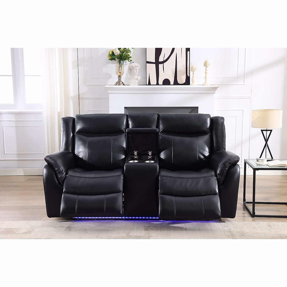 Power Loveseat Recliner Couch with console, Faux Leather Reclining Dual Recliners with LED Lights, Comfort Stretch Love Seat Recliner Sofa, Movie RV Theater Seating Chairs for Living Room, Home, Black