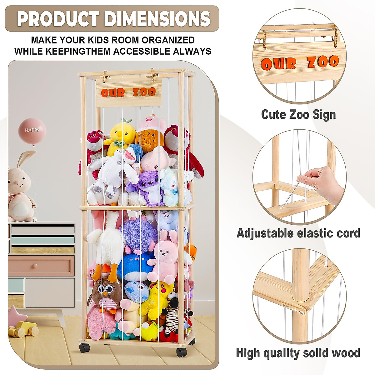 Purelax Stuffed Animal Zoo Storage - Wood Zoo Animals Toy Holder with Wheel, Animal Cage Organizer, Ball Storage, Zoo Cage for Plush Toys for Playroom Bedroom Nursery Room