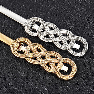 Suyi Skinny Stretch Belt for Women Elastic 2 Pieces Waist Belt Thin Cinch Belts for Dress Gold Silver Set7