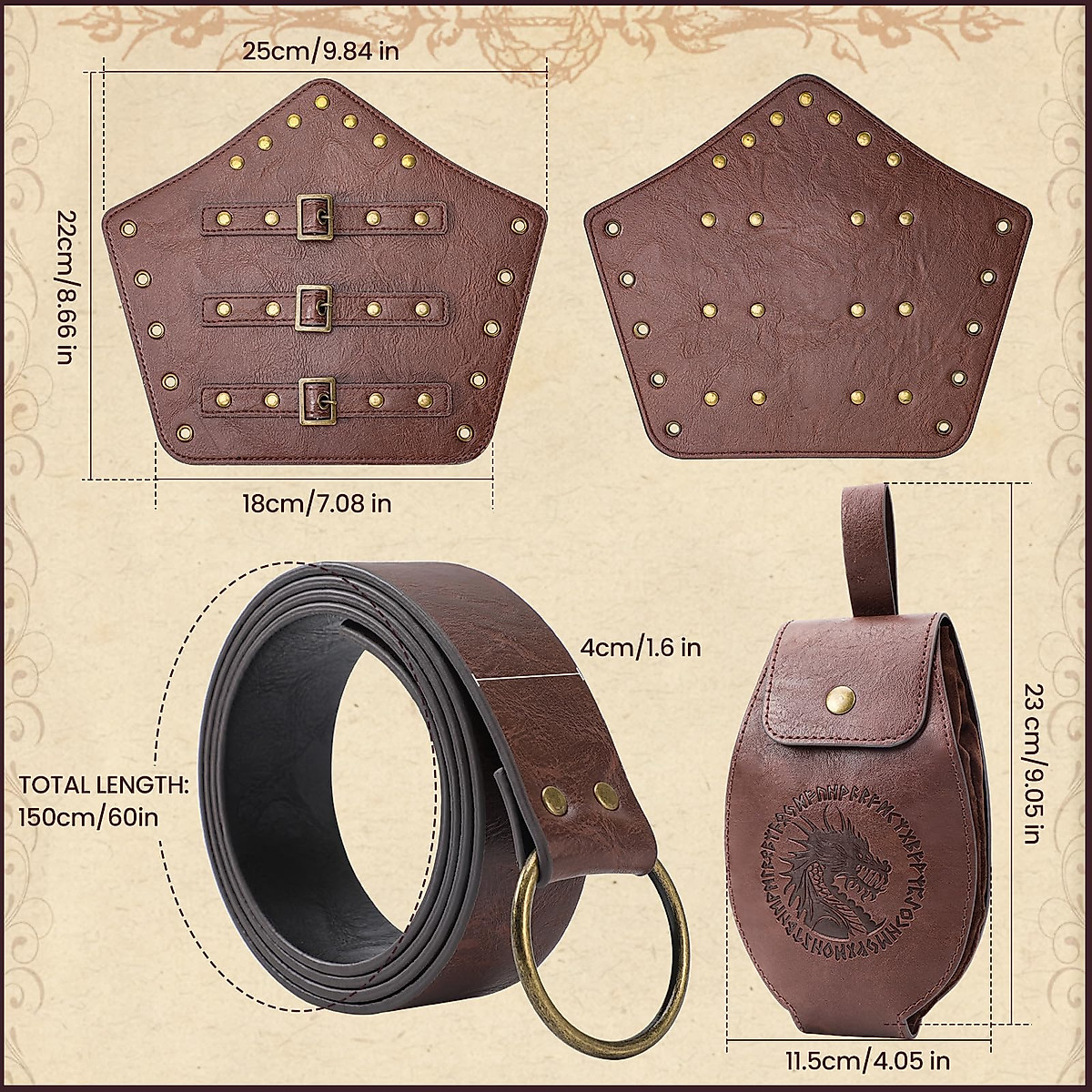 Berenlu 3 PCS Renaissance Accessories, Viking Renaissance Belt Medieval Vintage Belt Pouch, and Leather Bracers, Enhance Your Halloween Renaissance Cosplay with Medieval Accessories (Brown)
