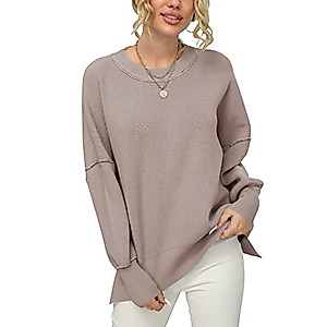 ANRABESS Women's Long Sleeve Oversized Crew Neck Solid Color Side Slit Knit Pullover Sweater A305hongxing-XS