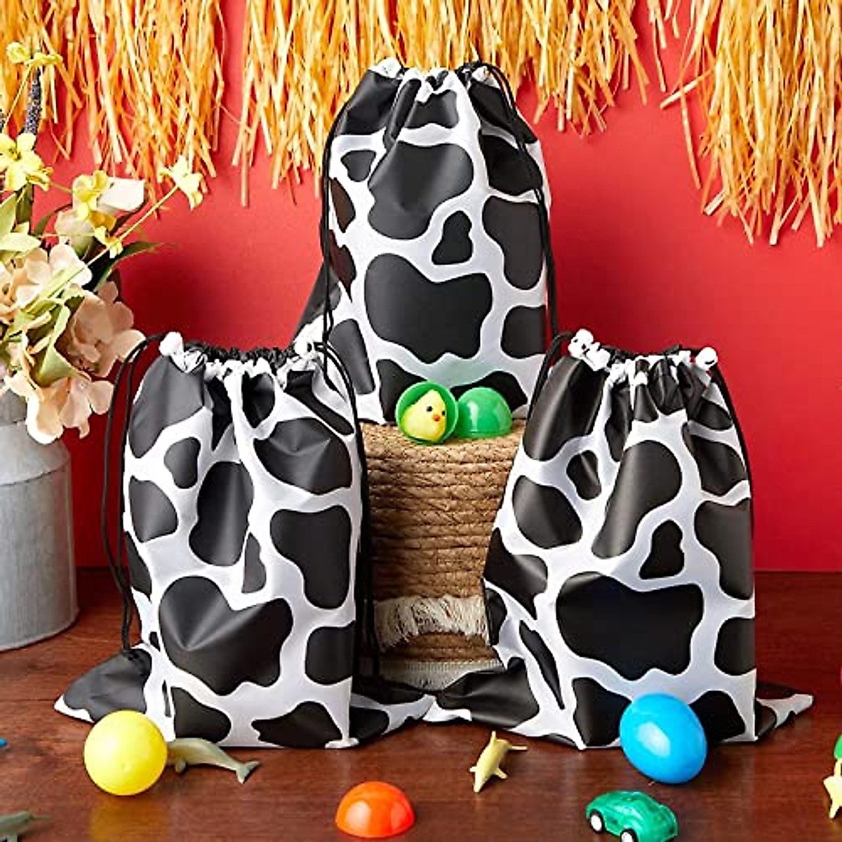 Cow Print Drawstring Party Favor Bags for Farm Birthday (10 x 12 In, 12 Pack)