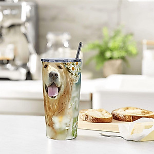 EVANEM 20 Oz Stainless Steel Tumbler With Straw Cleaner Dogs With Flowers Printed Insulated Cup Travel Coffee Mug Vacuum Insulated Tumblers For Home Office