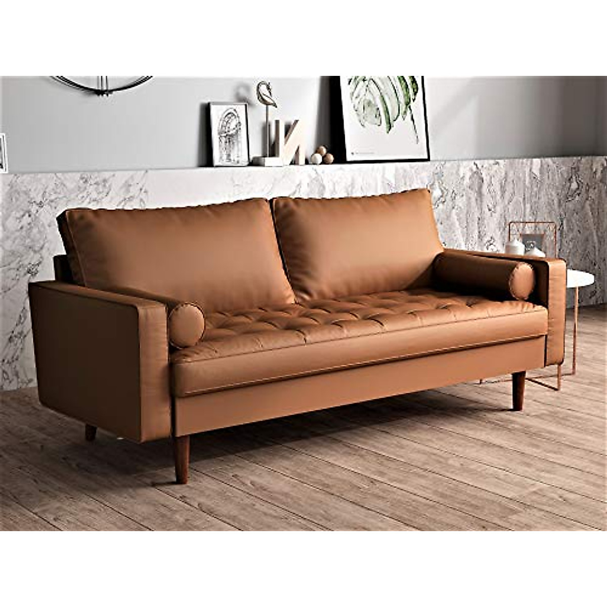 Container Furniture Direct Womble Mid Century Modern Couch with Bolster Pillows, PU Leather Upholstered Tufted Seat, Versatile Retro Design for Comfortable Living Spaces, Sofa, Coffee Brown