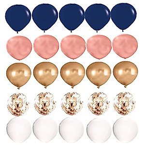 Navy Blue Rose Gold White Confetti Balloons 25pcs for Birthday Party Decorations for Women/Wedding/Baby Shower Navy and Pink Balloons Gender Reveal Party Decorations