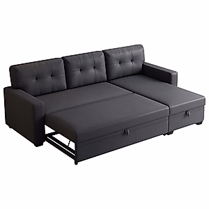 Jintop 82" L-Shape Convertible Sleeper Sectional Sofa with Storage Chaise and Pull-Out Bed,Upholstered Reversible Corner 3 Seater Couch with Button Tufted Backrest & Armrest,for Living Room,Dark Gray
