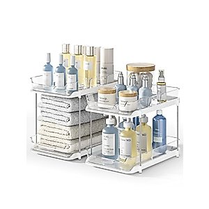 2 Tier Cabinet Organizers and Storage, 2 Pack Slide-Out Stackable Pantry Organization and Storage with Movable Dividers, Multi-Purpose Bathroom Organizer, Kitchen Organization and Storage, Countertop Vanity Medicine Organizer