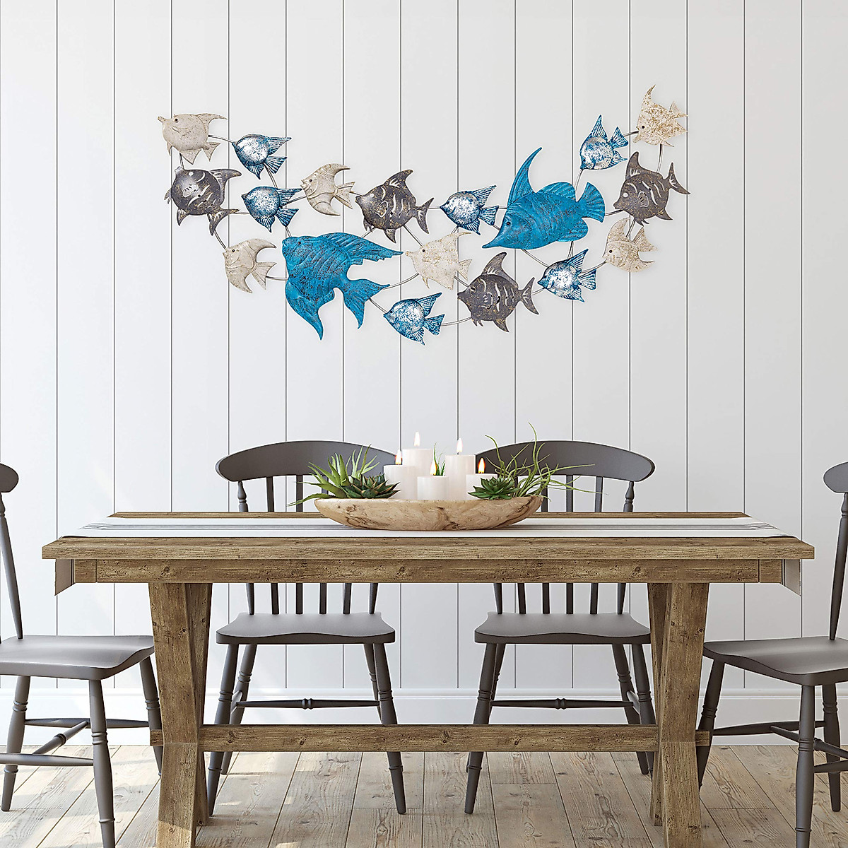 MODERNIST HOME School of 18 Fish Wall Art, Crescent, Vivid Blue with Shimmery Silver, Muted Grey and Beige Paint, Iron, 5 Feet Wide (2.75 L x 59 W x 31.5 H Inches) Home Wall Decor