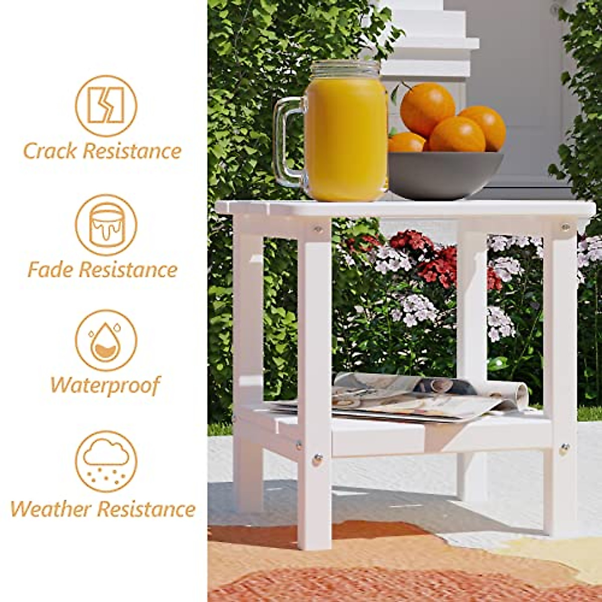 JINLLY Outdoor Side Table, 18 Inch Patio Small Adirondack Tables with Shelf, White Outdoor Polywood HDPE End Table for Outside, Pool, Porch, Garden, Beach, White