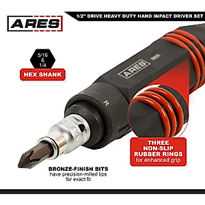 ARES 10027 – 1/2-Inch Drive Heavy Duty Hex Grip Impact Driver – 1/4-Inch & 5/16-Inch Bit Chucks – S2 Bits – Slotted 3/16, 1/4, 5/16, 3/8 Inch Bits – Phillips PH1, PH2, & PH3 Bits - T20, T25 Bits