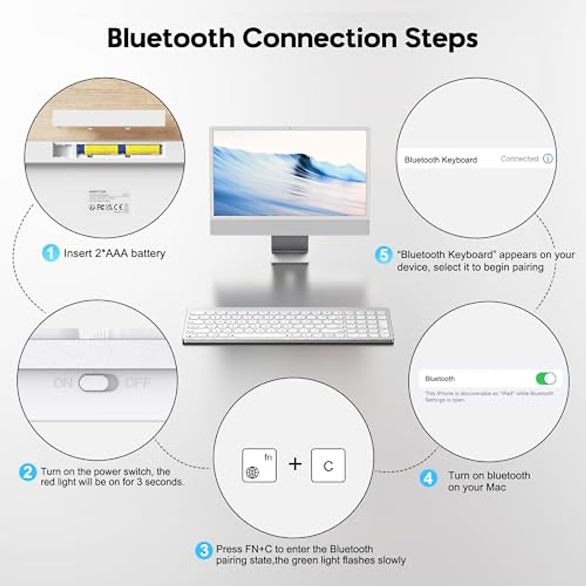 OMOTON Bluetooth Keyboard for Mac, Wireless Keyboard with Numeric Keypad for MacBook Pro/Air, iMac, iMac Pro, Mac Mini, Mac Pro Laptop, Silver White