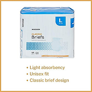 McKesson Classic Briefs, Incontinence, Light Absorbency, Large, 18 Count, 4 Packs, 72 Total