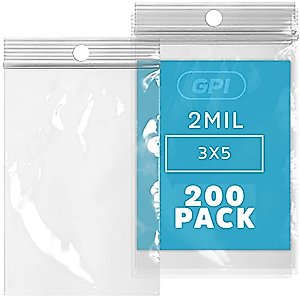 GPI - 3" x 5" - Bulk Pack of 200, 2 Mil Thick, Clear Plastic Reclosable Zip Bags, Hang Hole for Display, Durable Poly Baggies with Resealable Zip Top Lock for Storage, Packaging & Shipping